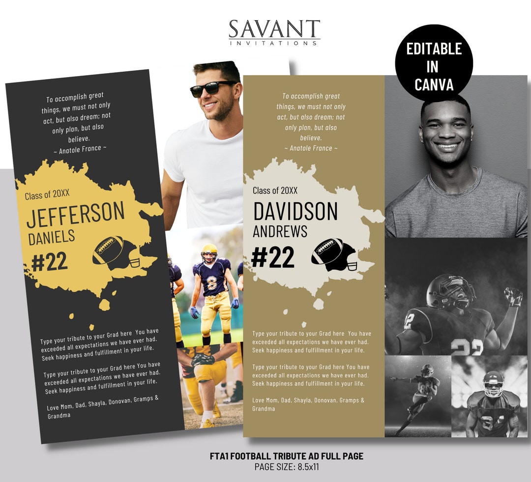 Customized Football Yearbook Ad, Program Tribute, CANVA TEMPLATE ...