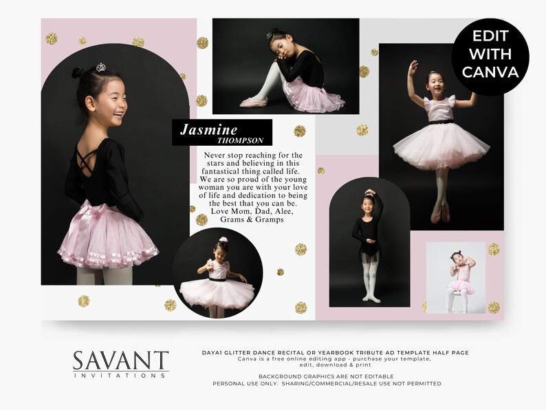 New! Glitter Dance Recital or School Yearbook Tribute Ad Template ...