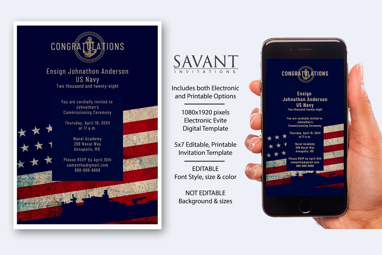 Navy Commissioning Announcement Card Canva Template, Editable Printable ...