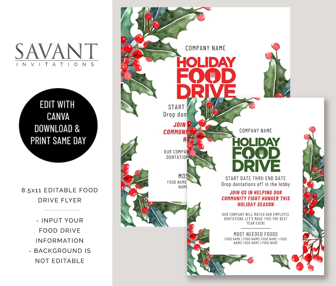 Christmas Holiday Food Drive Flyer, Printable Editable Canva Template Christmas Food Drive Flyer ...