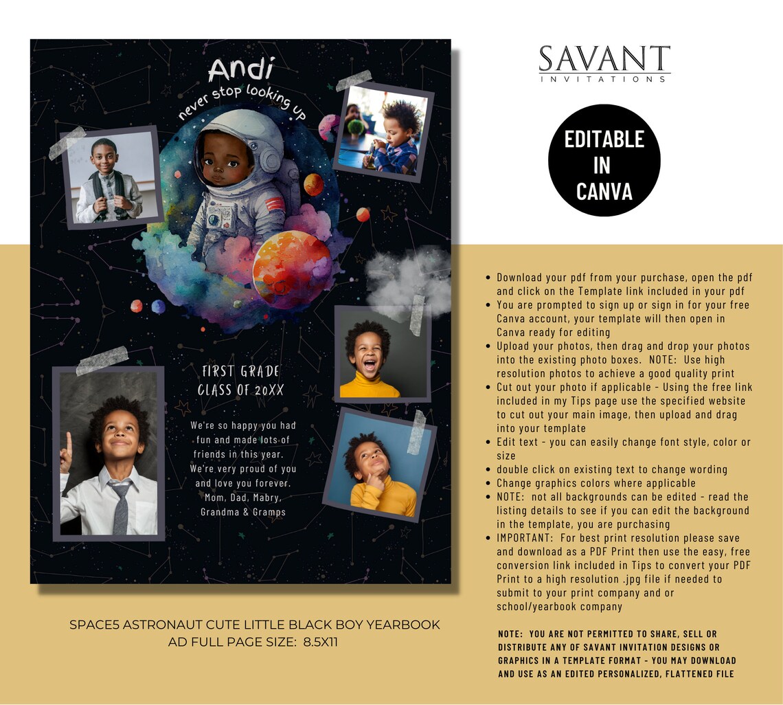 Astronaut Space Full Page Yearbook Template for Elementary - Etsy