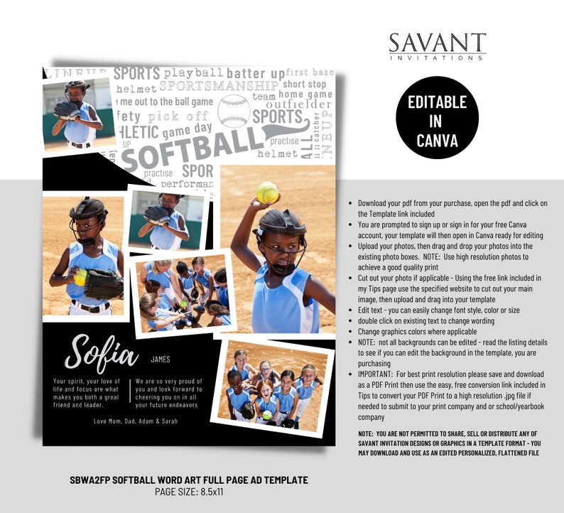 Softball Yearbook Ad Template Full Page Sports Program Ad - Etsy
