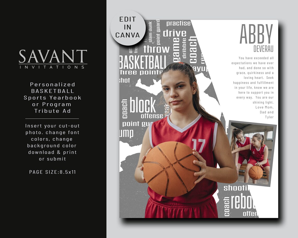 Yearbook Ad Template, Basketball Full Page Ad - Editable Sports Tribute ...