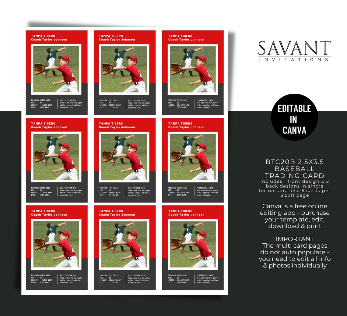 Baseball Trading Card Template Editable in Canva - 2.5X3.5 Player ...