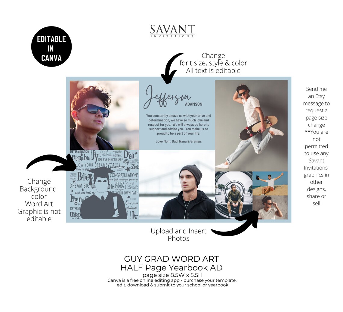 Editable Half Page Graduation Word Art GUY Yearbook Ad | Etsy