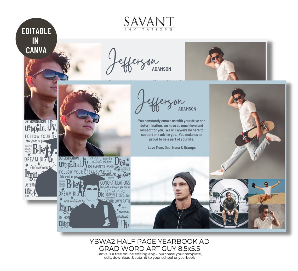 Editable Half Page Graduation Word Art GUY Yearbook Ad | Etsy