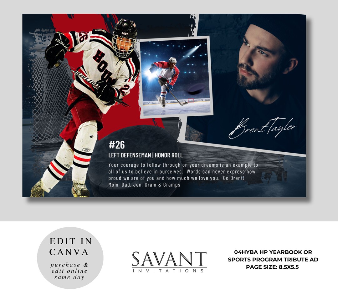 Hockey Yearbook Ad or Athletic Program Tribute Template, Half Page ...