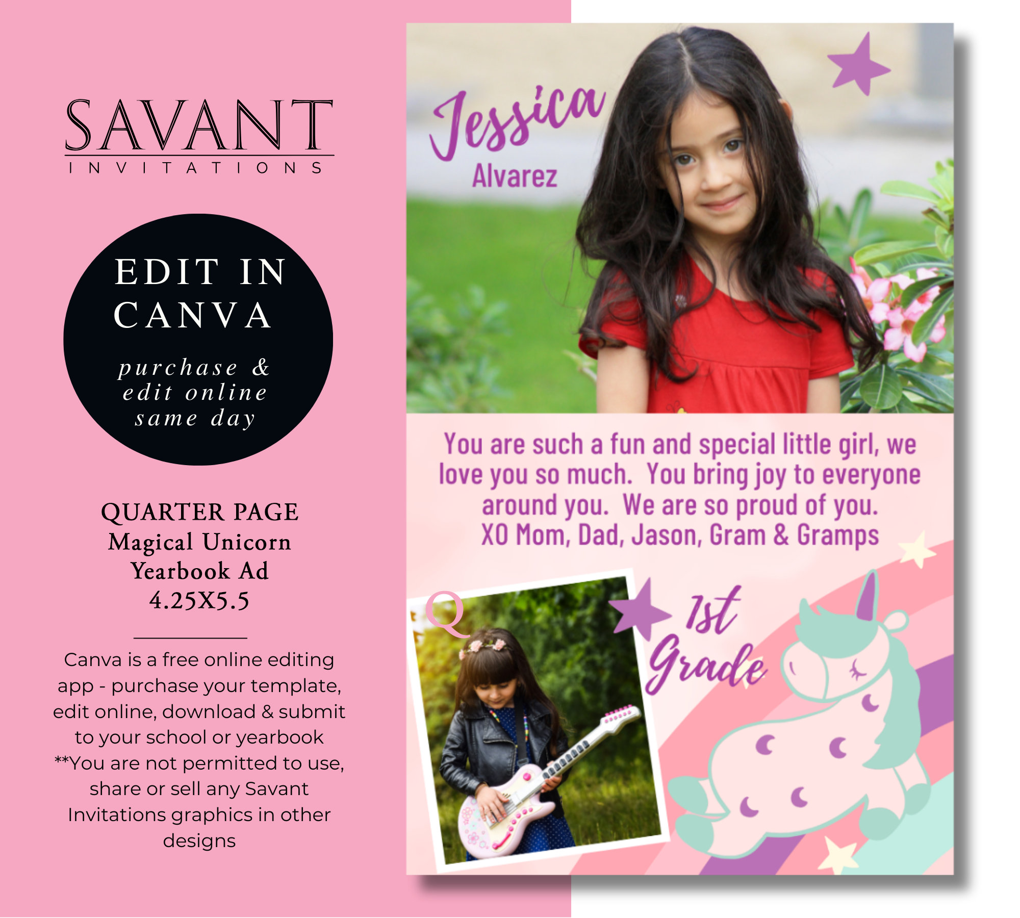 QUARTER PAGE Magical Unicorn Yearbook Ad for Elementary Middle School ...