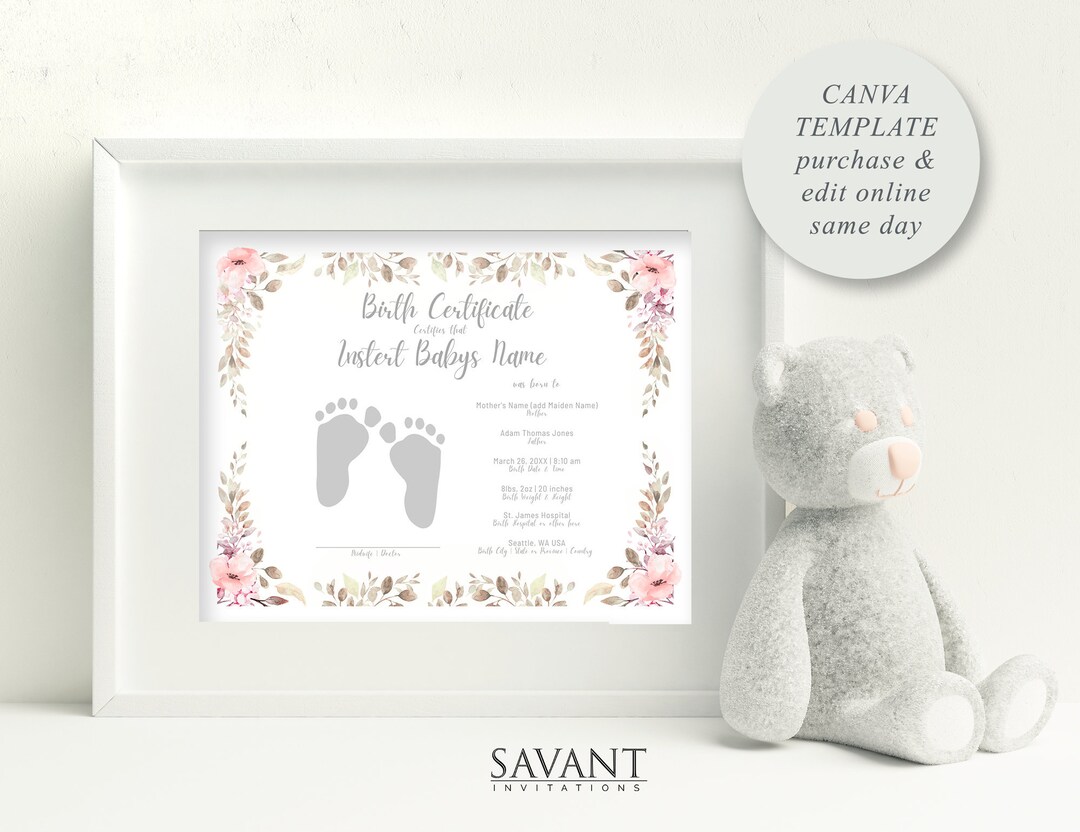 Printable Birth Certificate, Girl Floral Birth Certificate With ...