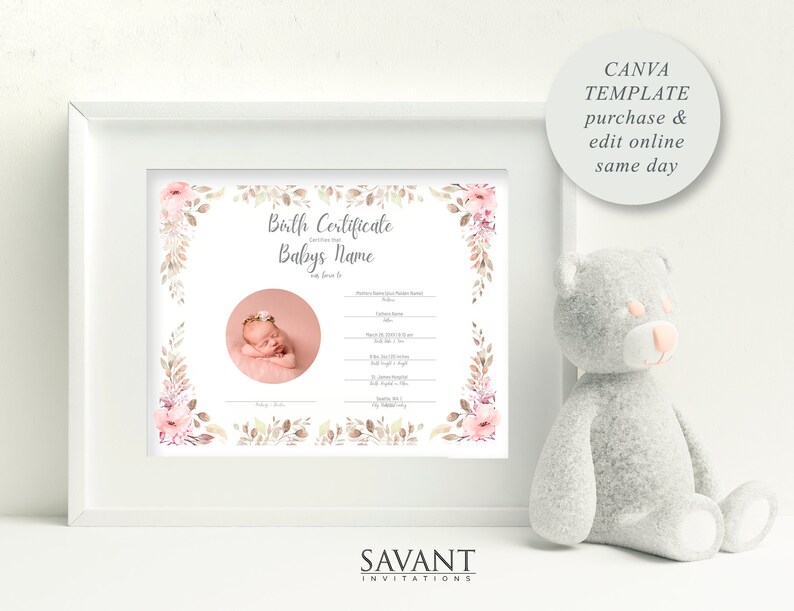 Printable Birth Certificate, Girl Floral Birth Certificate With ...