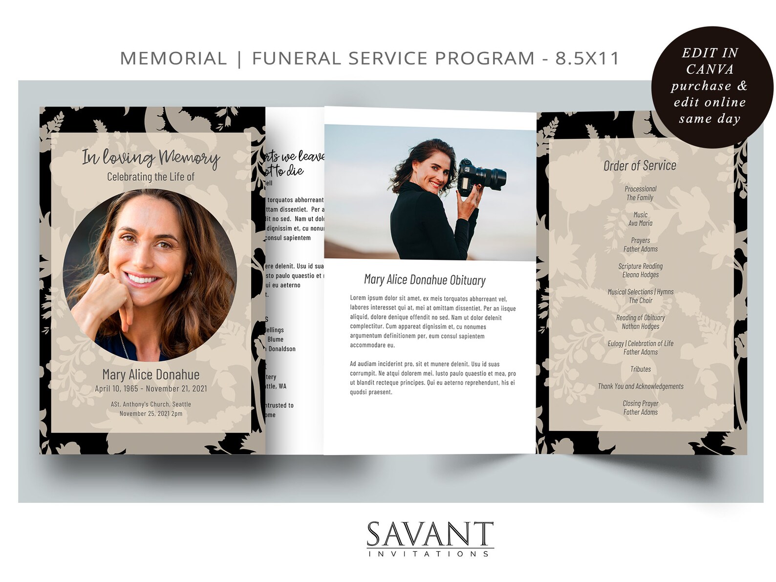 Editable Memorial Funeral Program Canva Template Bi-fold - Etsy