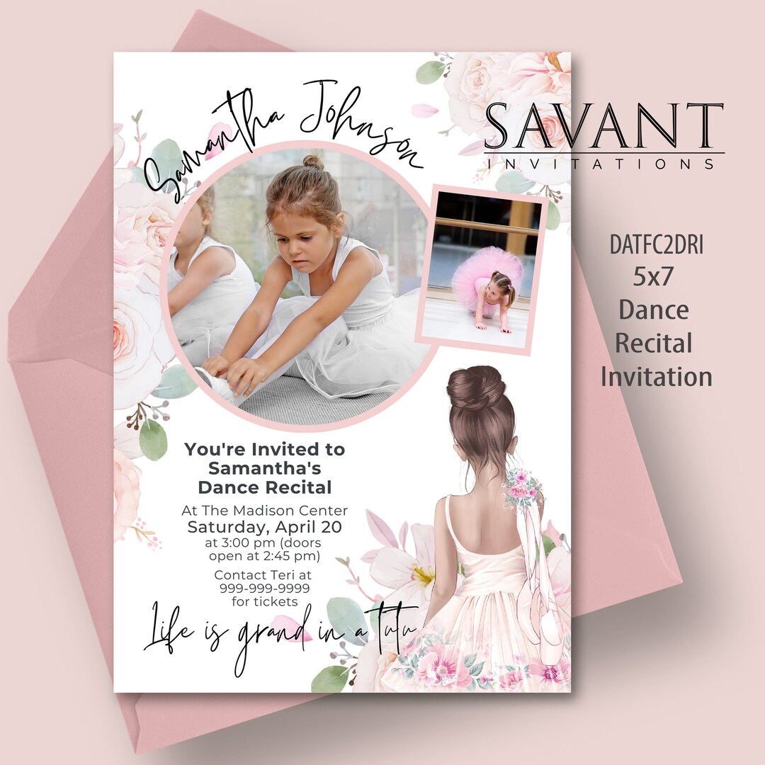 Dance Recital Invitation Template - Pink Floral Invitation - 5x7 ...