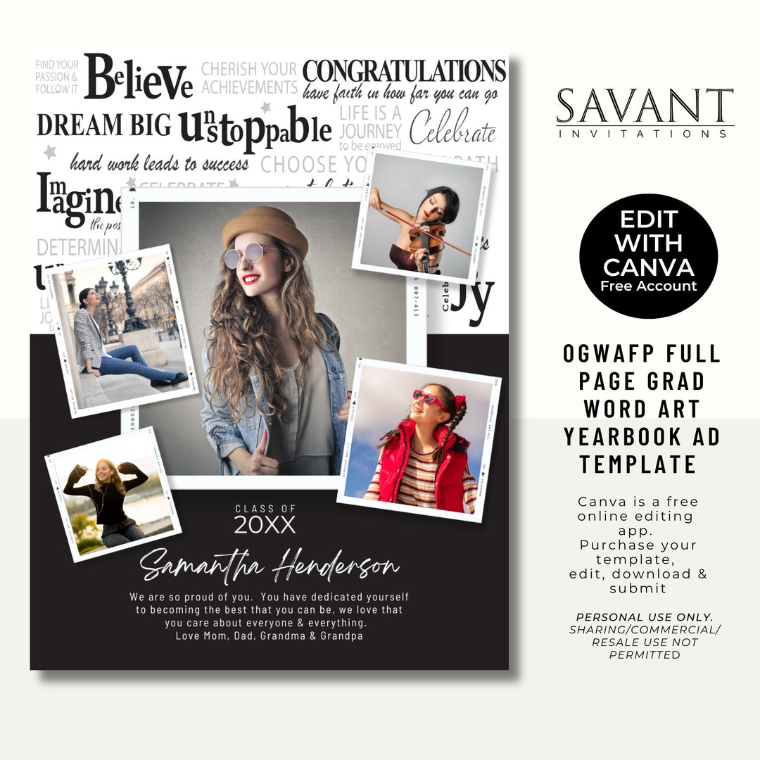 Full Page Yearbook Ad Template - Graduation Word Art Tribute Page ...