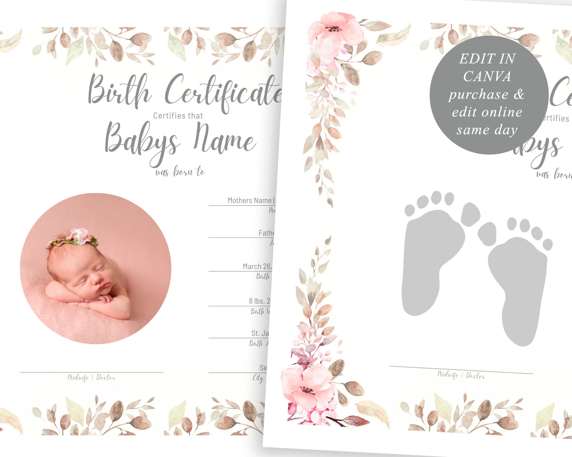 Printable Birth Certificate, Girl Floral Birth Certificate With ...