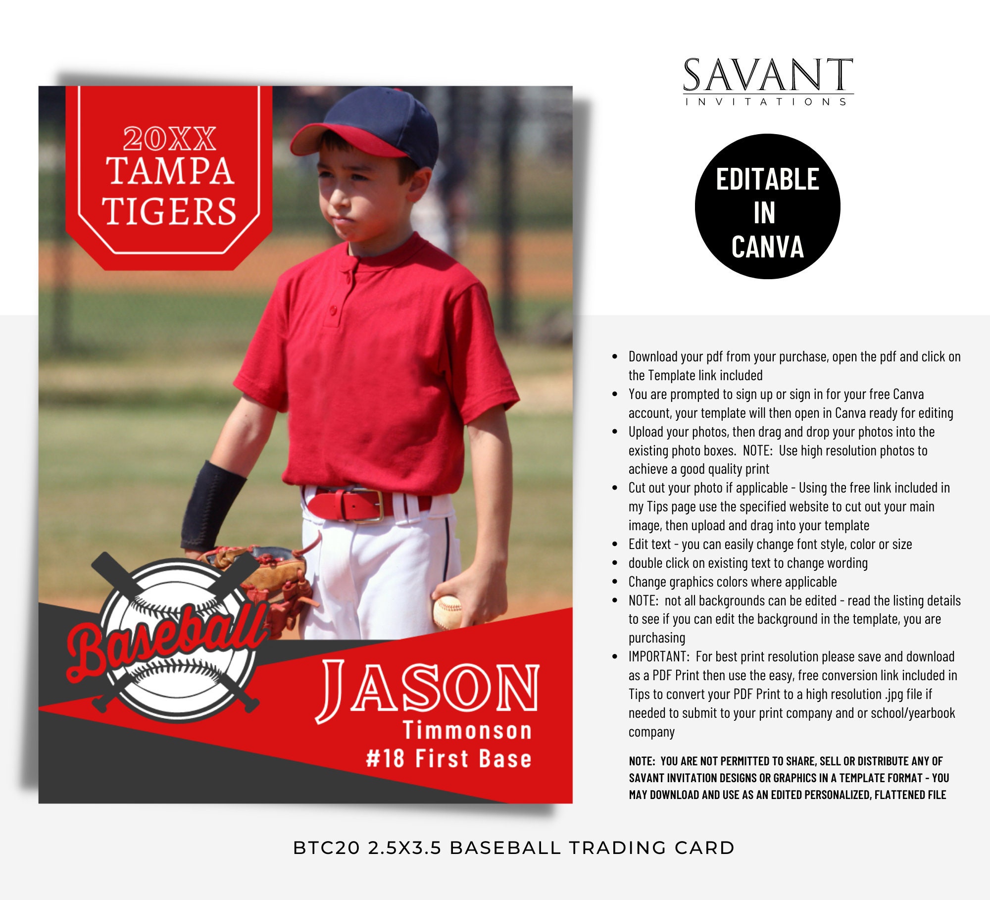 Baseball Trading Card Template Editable in Canva - 2.5X3.5 Player ...