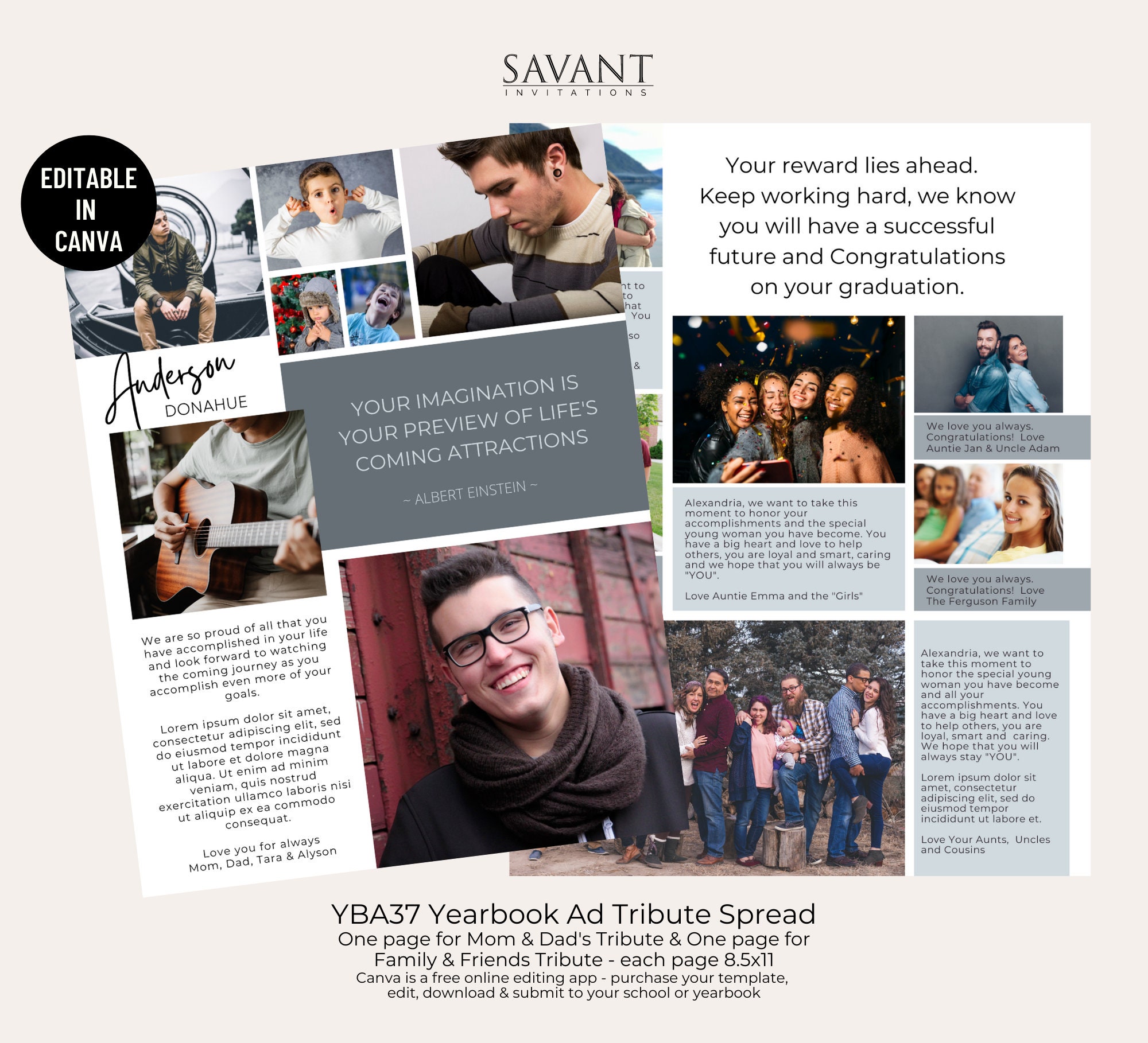 2 Page Graduation Yearbook Ad Tribute Template, Editable Canva Template ...