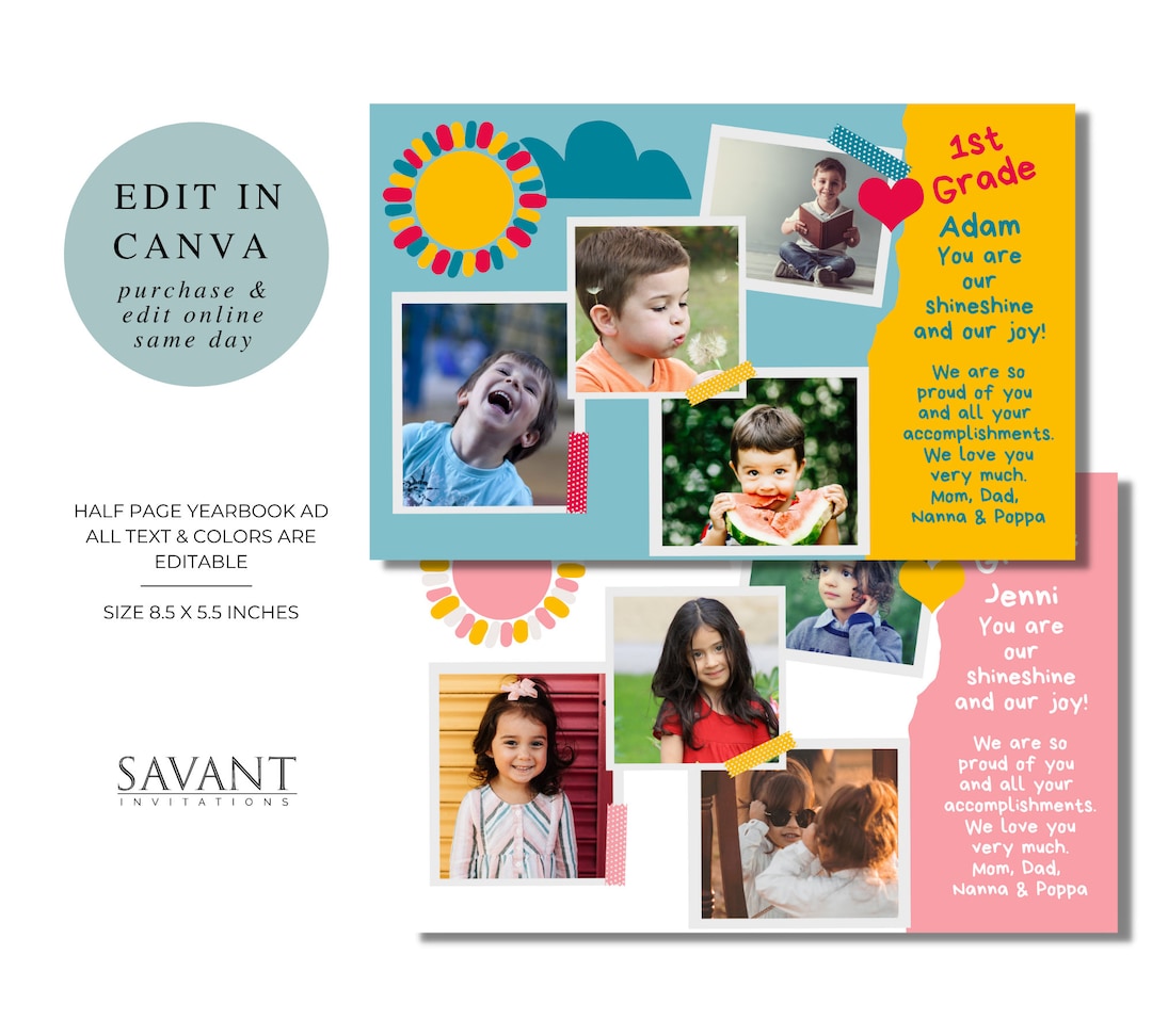 Sunshine Yearbook Ad for Elementary Middle School, Half Page Tribute Ad ...