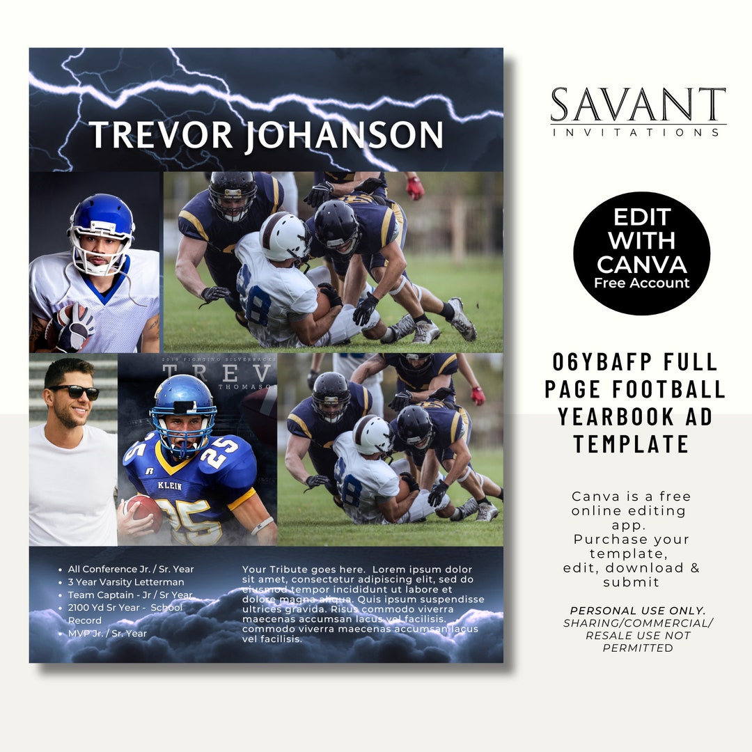 Senior Yearbook Tribute Ad Template Full Page - Football - Editable ...