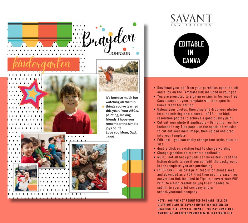 New! Full Page Kindergarten Yearbook Ad Tribute Template - Preschool ...