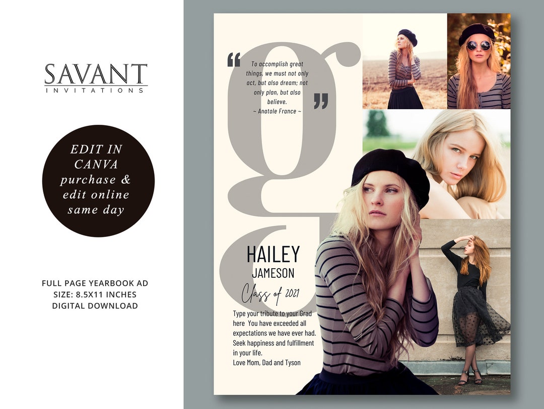 Graduation Yearbook Ad Canva Template, Editable Yearbook Tribute Ad ...