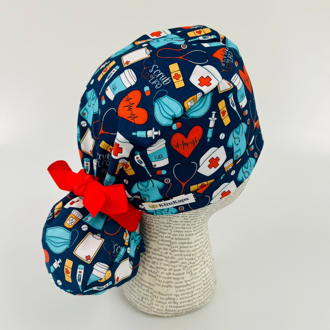 Scrub Hat by Kimkaps Surgical Hat Ponytail Scrub Cap Ribbon Scrub Hat Blue Teal Red White Nurse ...