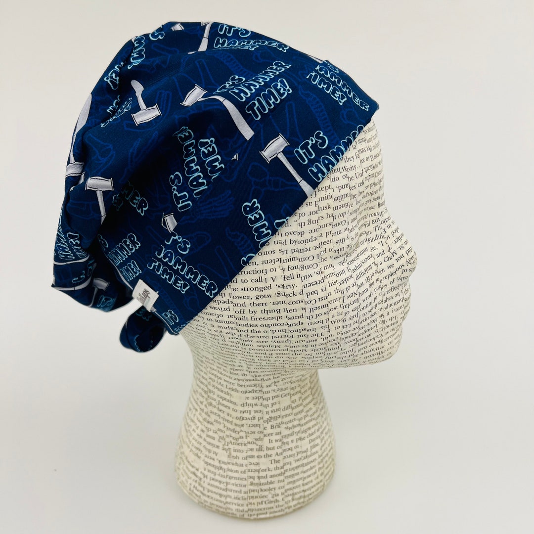 Scrub Hat by Kimkaps Surgical Hat Tie Back Scrub Cap Navy Blue Gray Orthopedics “it’s Hammer ...