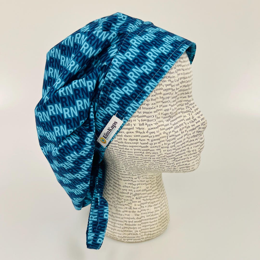 Scrub Hat by Kimkaps Surgical Hat Bouffant Scrub Cap Bouffant With Ties Shades of Blue RN Title ...