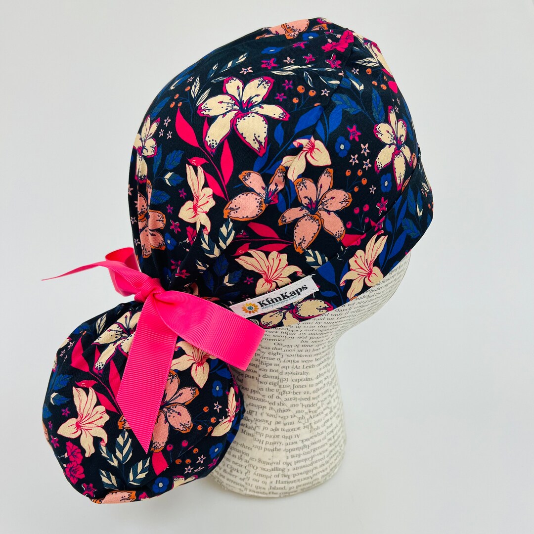 Scrub Hat by Kimkaps Surgical Hat Ponytail Scrub Cap Ribbon Scrub Hat Black Pink Blue Flowers - Etsy