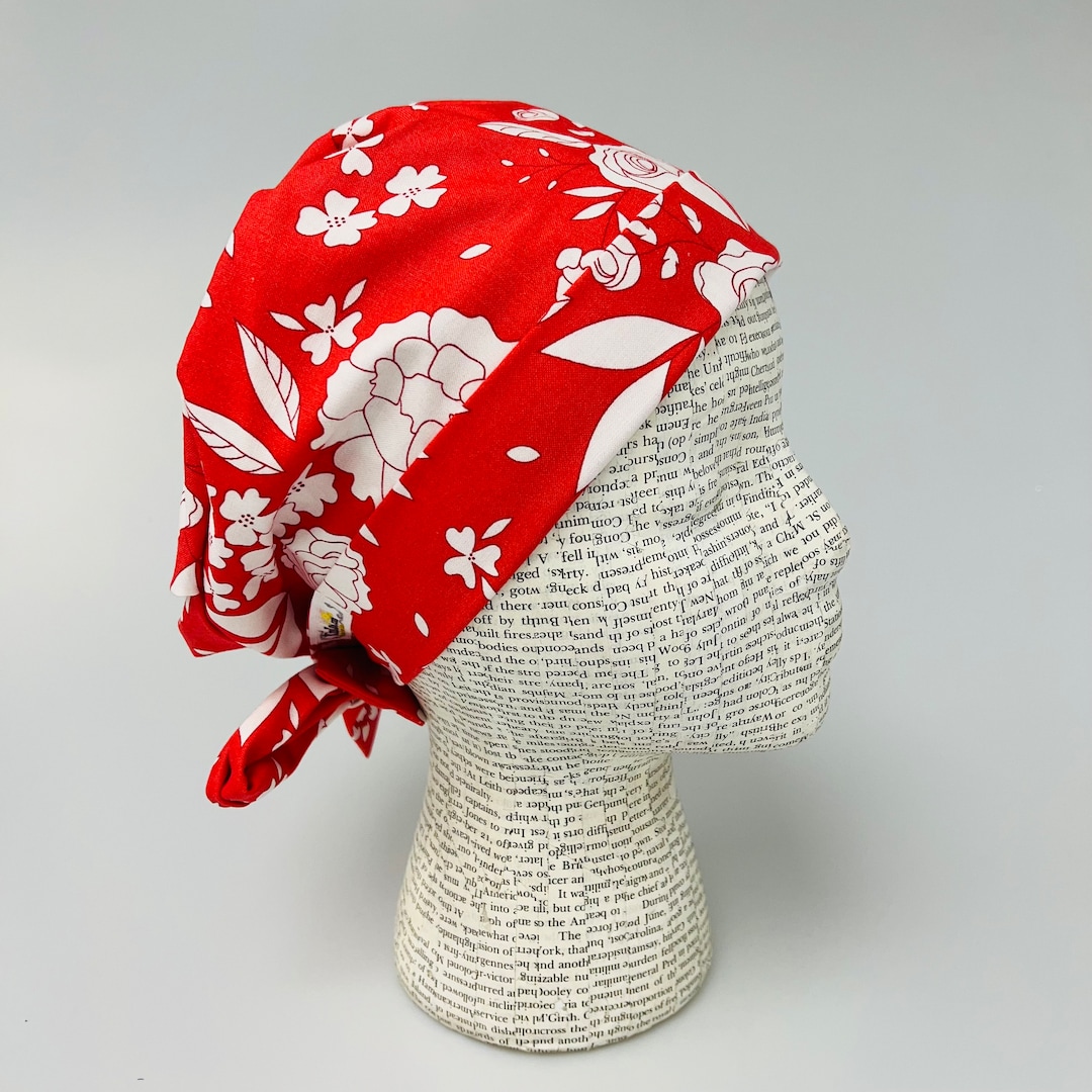 Scrub Hat by Kimkaps Surgical Hat Tie Back Scrub Cap Red White Flowers ...