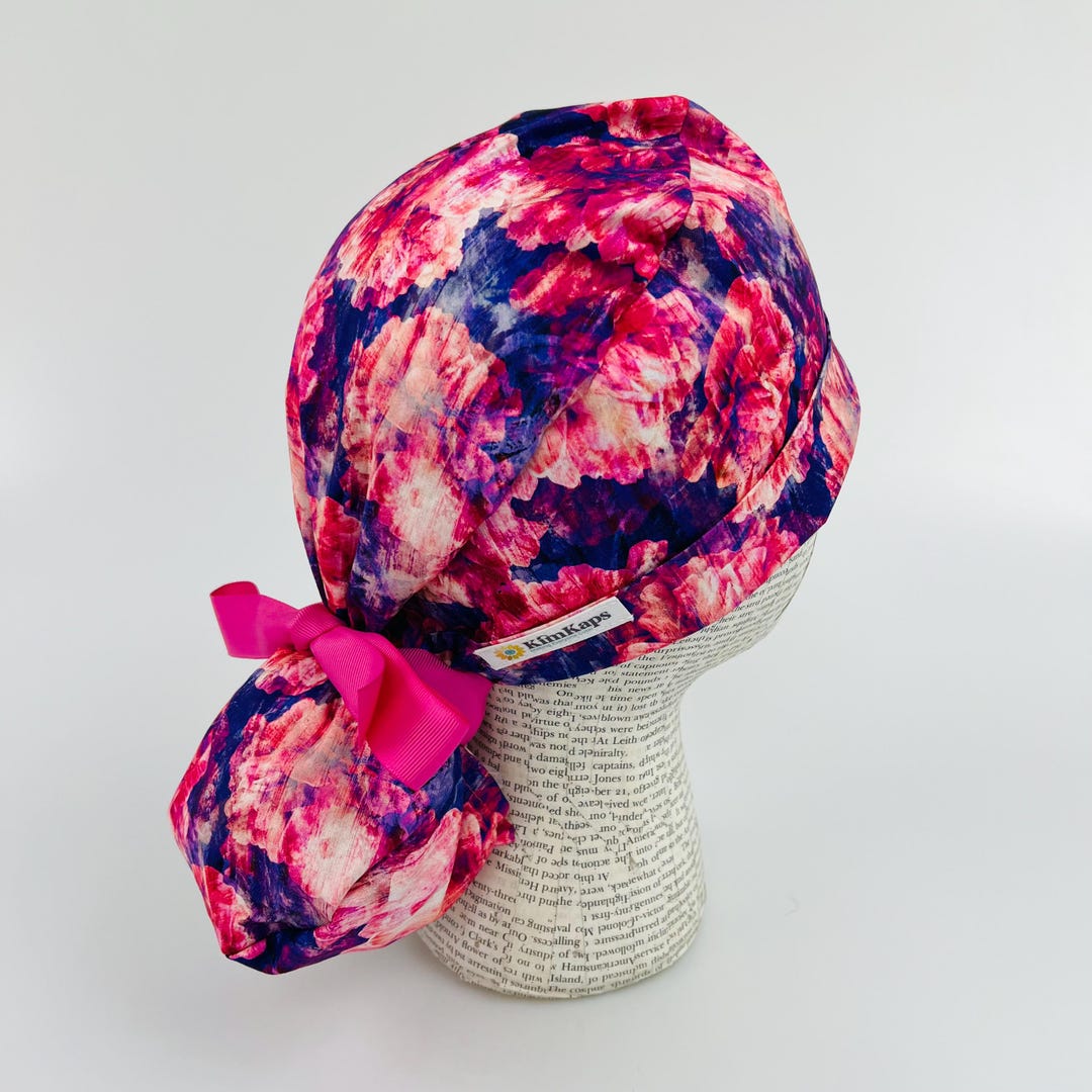 Scrub Hat by Kimkaps Surgical Hat Ponytail Scrub Cap Ribbon Scrub Hat Purple Pink Flowers - Etsy