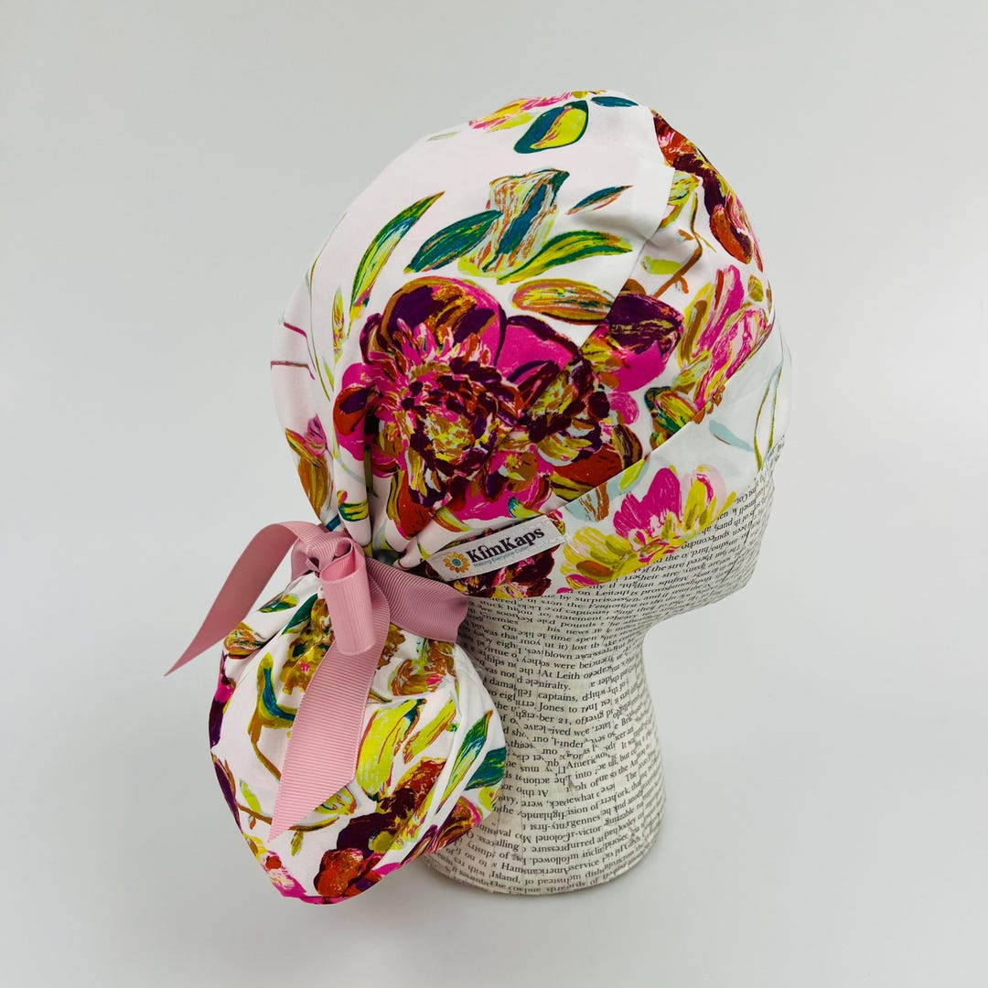 Satin Lined Scrub Hat by Kimkaps Surgical Hat Ponytail Scrub Cap Ribbon Scrub Hat White Pink ...