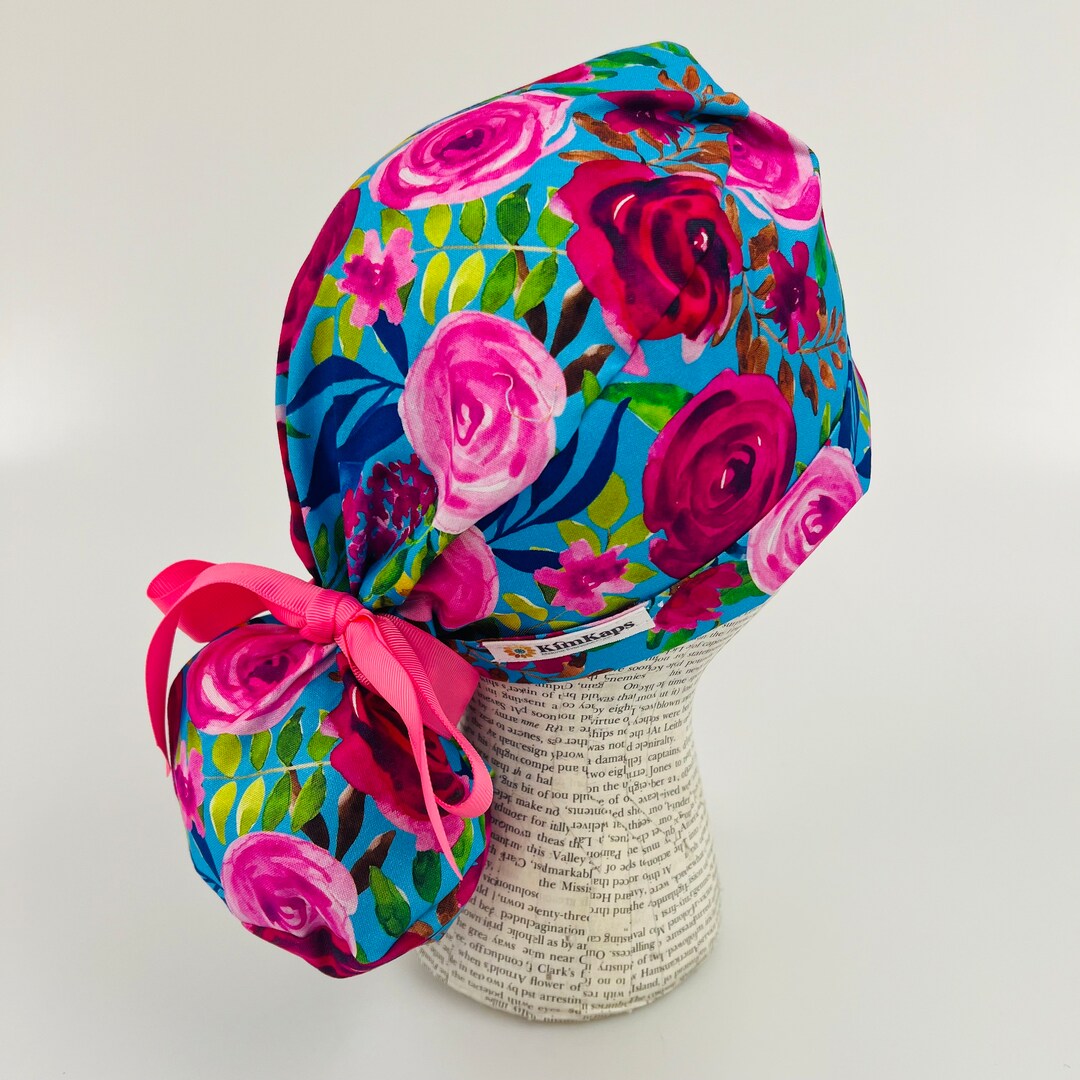 Scrub Hat by Kimkaps Surgical Hat Ponytail Scrub Cap Ribbon Scrub Hat Blue Pink Green Flowers - Etsy
