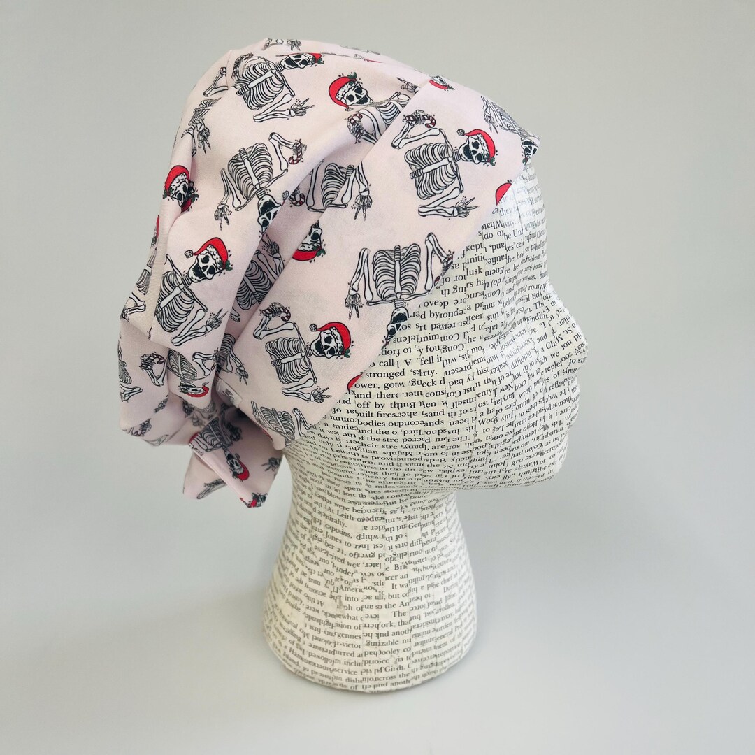 Scrub Hat by Kimkaps Surgical Hat Tie Back Scrub Cap Pink Red White Black Skeletons Santa Hats ...
