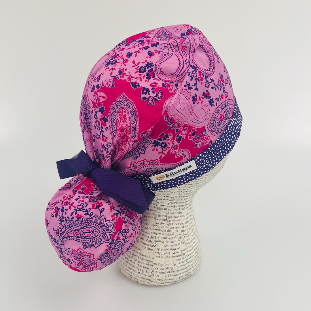 Scrub Hat by Kimkaps Surgical Hat Ponytail Scrub Cap Ribbon Scrub Hat Purple Pink Floral ...