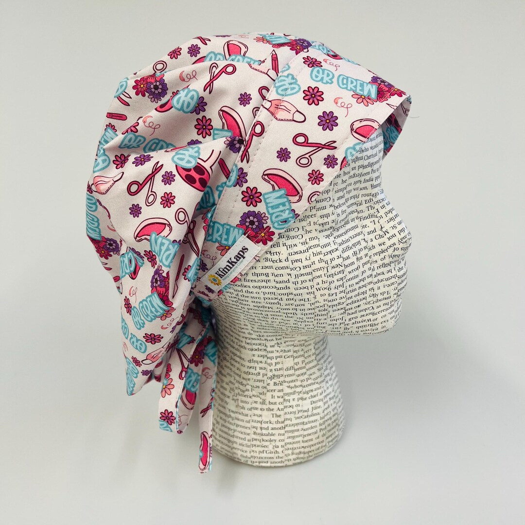 Scrub Hat by Kimkaps Surgical Hat Bouffant Scrub Cap Bouffant With Ties Pink Blue Teal Flowers ...