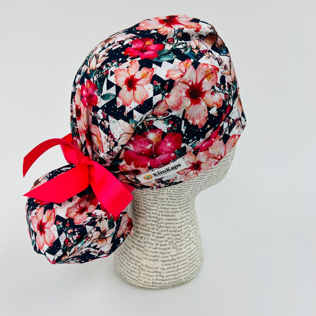 Scrub Hat by Kimkaps Surgical Hat Ponytail Scrub Cap Ribbon Scrub Hat Tropical Flowers Green ...