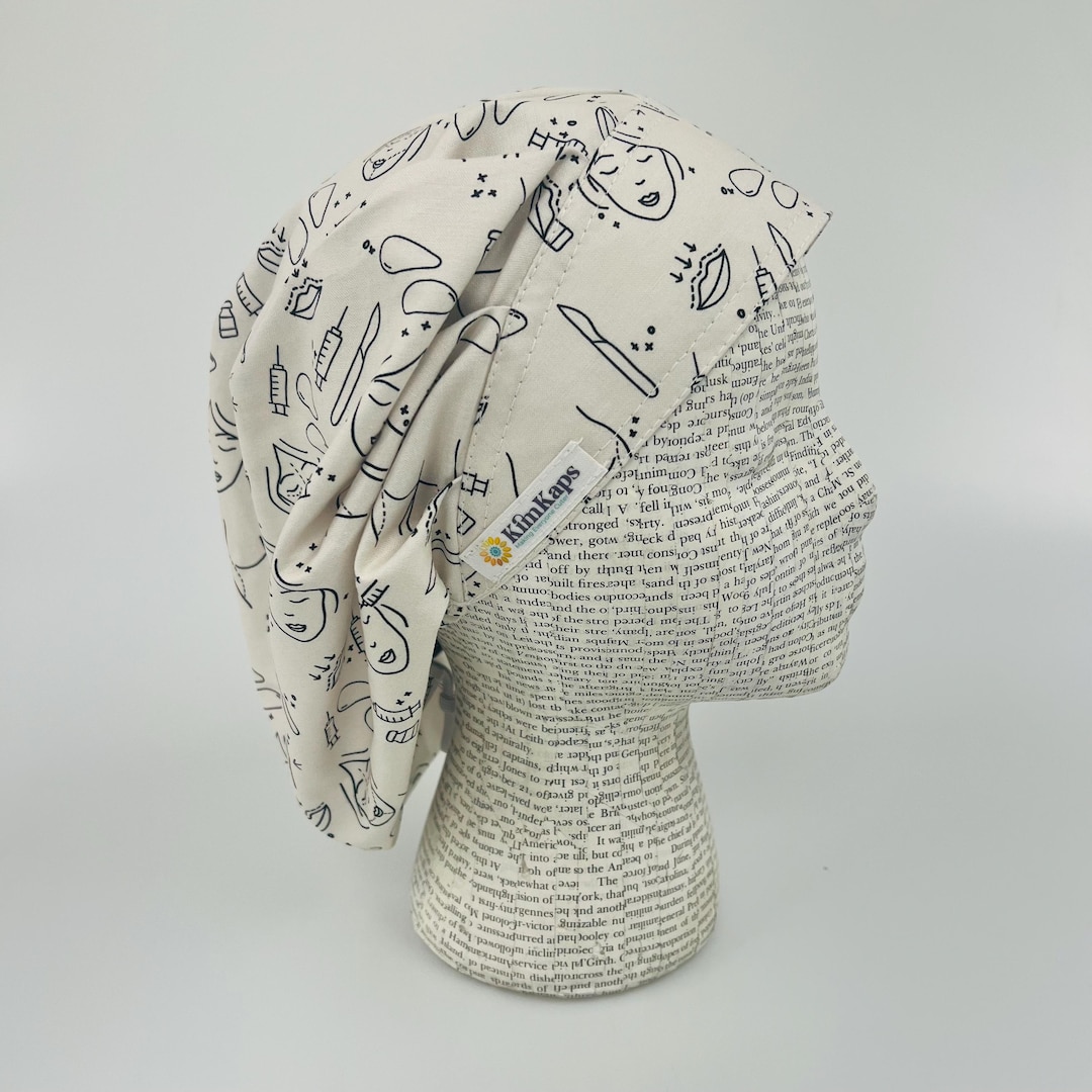 Scrub Hat by Kimkaps Surgical Hat Bouffant Scrub Cap Traditional Bouffant Beige Black Plastic ...