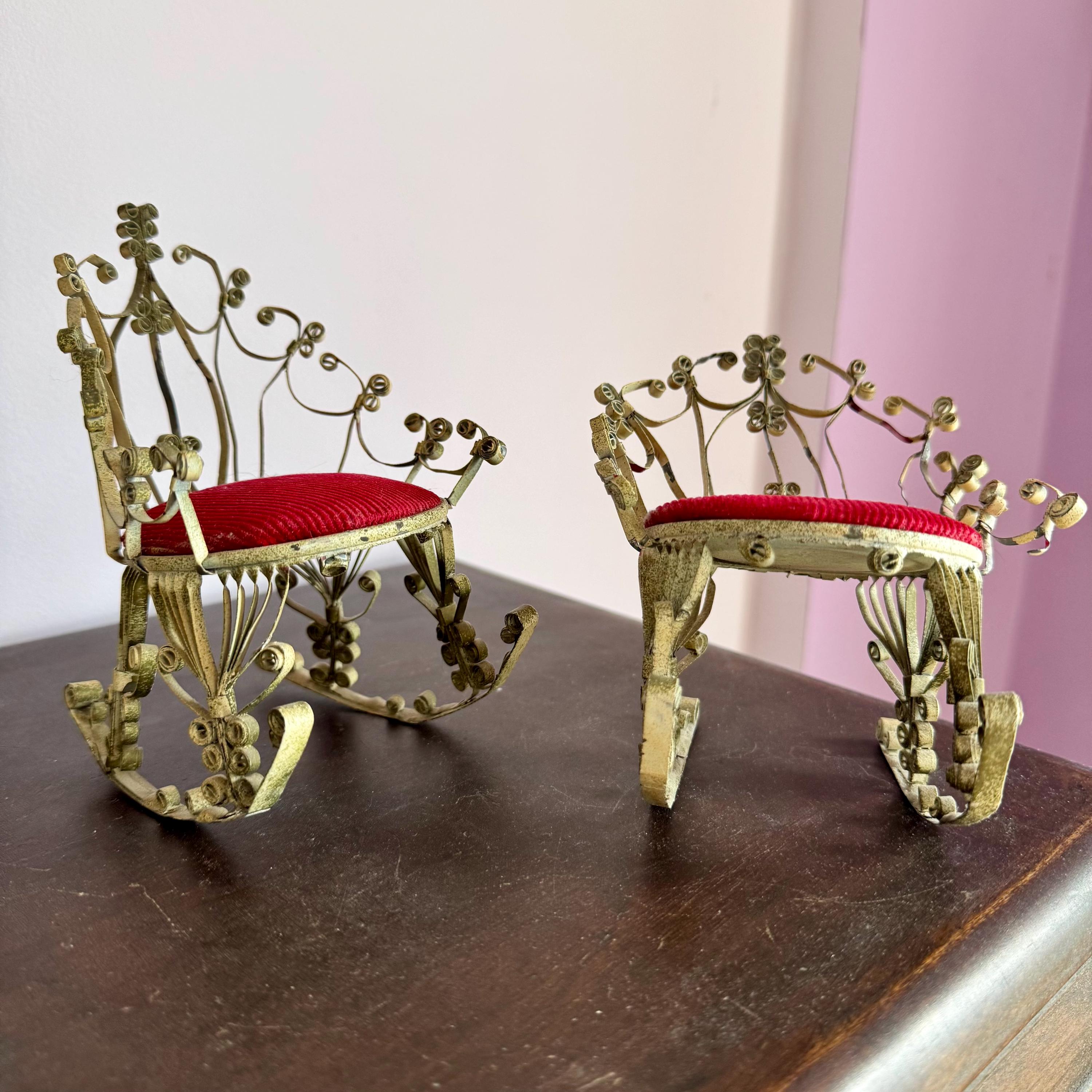 Tramp Art Tin Can Vintage Doll House Rocking Chairs, Pair, Red Corduroy ...