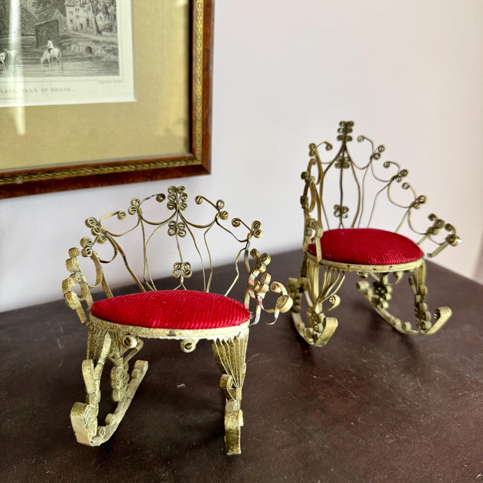 Tramp Art Tin Can Vintage Doll House Rocking Chairs, Pair, Red Corduroy ...
