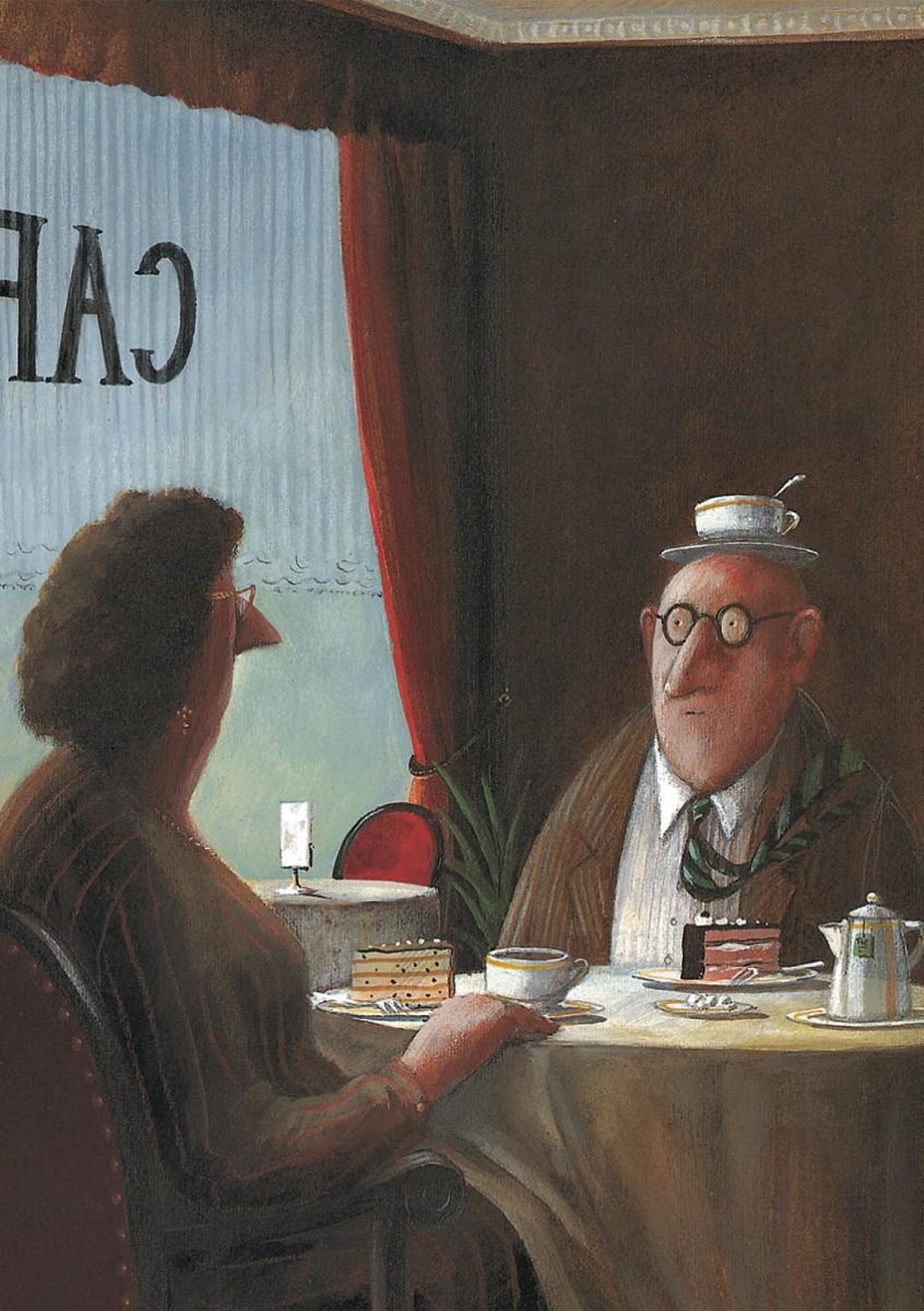 Mona Lisa & Mr. P Postcard Gerhard Gluck Surreal Happy Cafe Cake ...