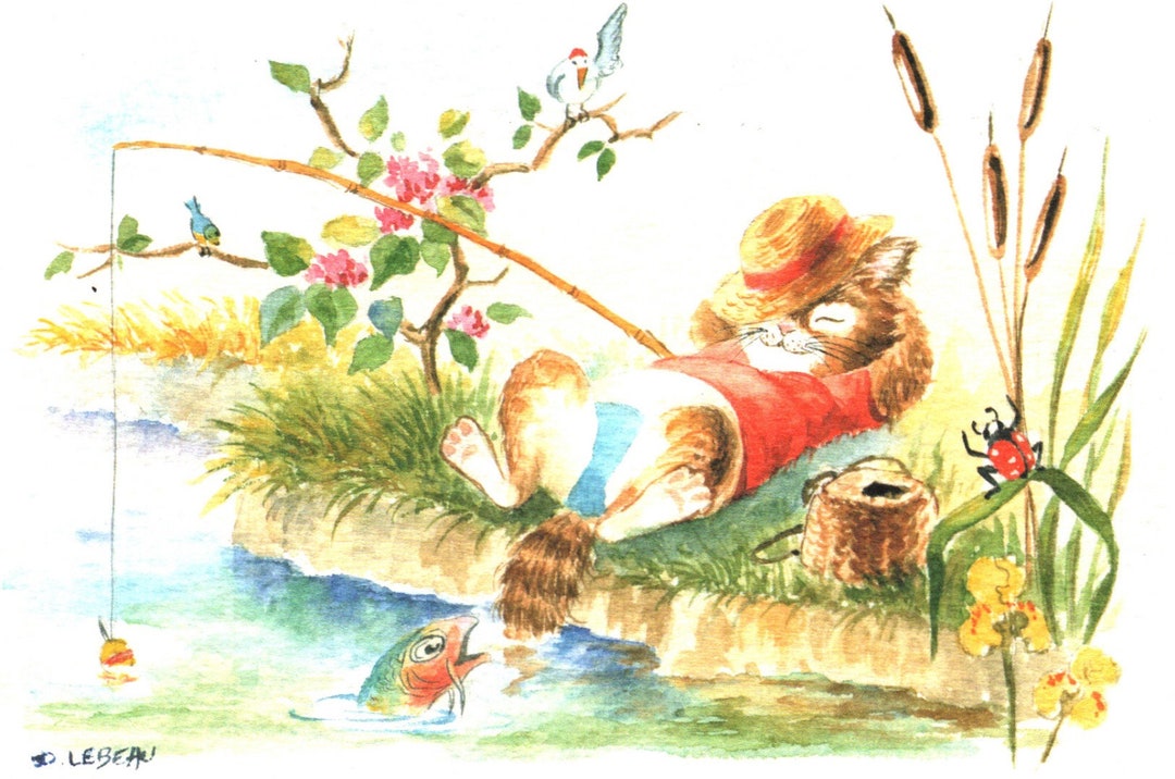 Cat Gone Fishing Postcard D & C Vintage Vaults Artist D. - Etsy