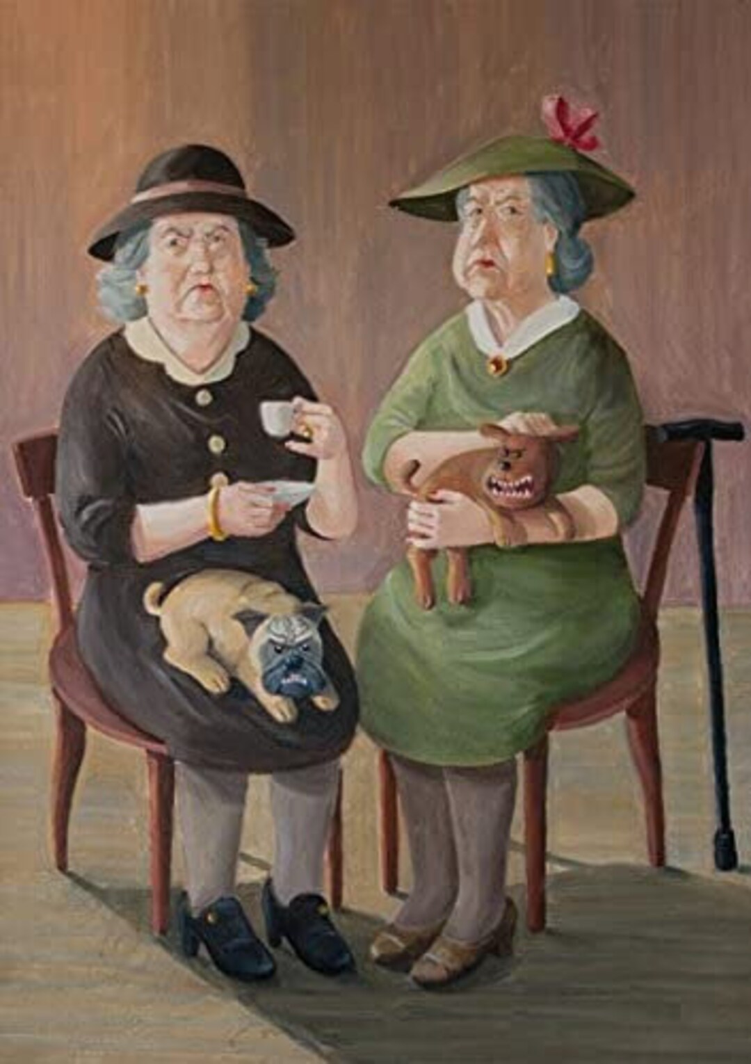 Two Seated Ladies Drinking Coffee With Their Beloved Dogs on Their Laps ...