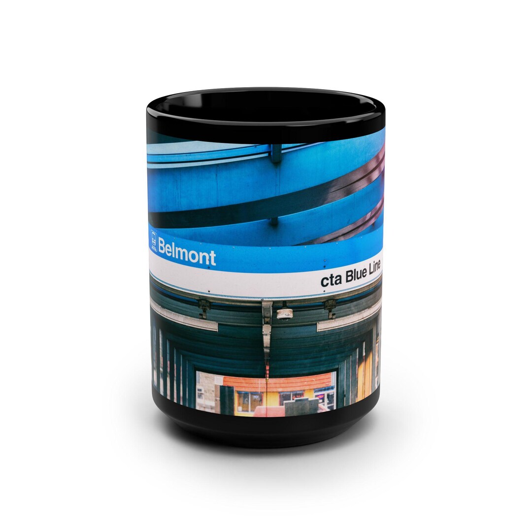 BELMONT CTA BLUE Line, Chicago Sign Photography, Black Mug, 15oz ...