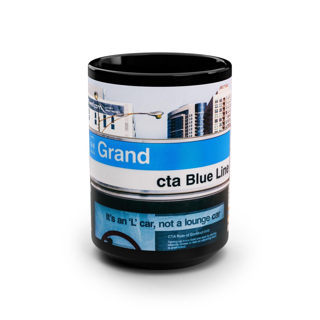 GRAND CTA BLUE Line, Chicago Sign Photography, Black Mug, 15oz Ceramic ...