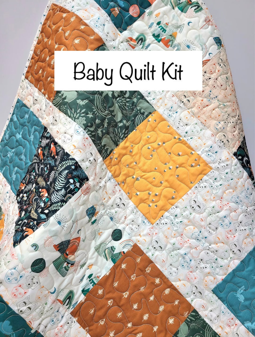 Modern Woodland Baby Quilt Kit Gender Neutral Teal Rust Gold Mountains ...