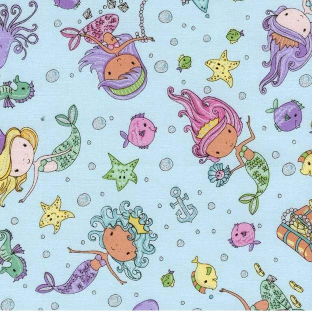 Mermaid Fabric, Light Blue, Diving Divas, Metallic Mermaid Fabric, by ...