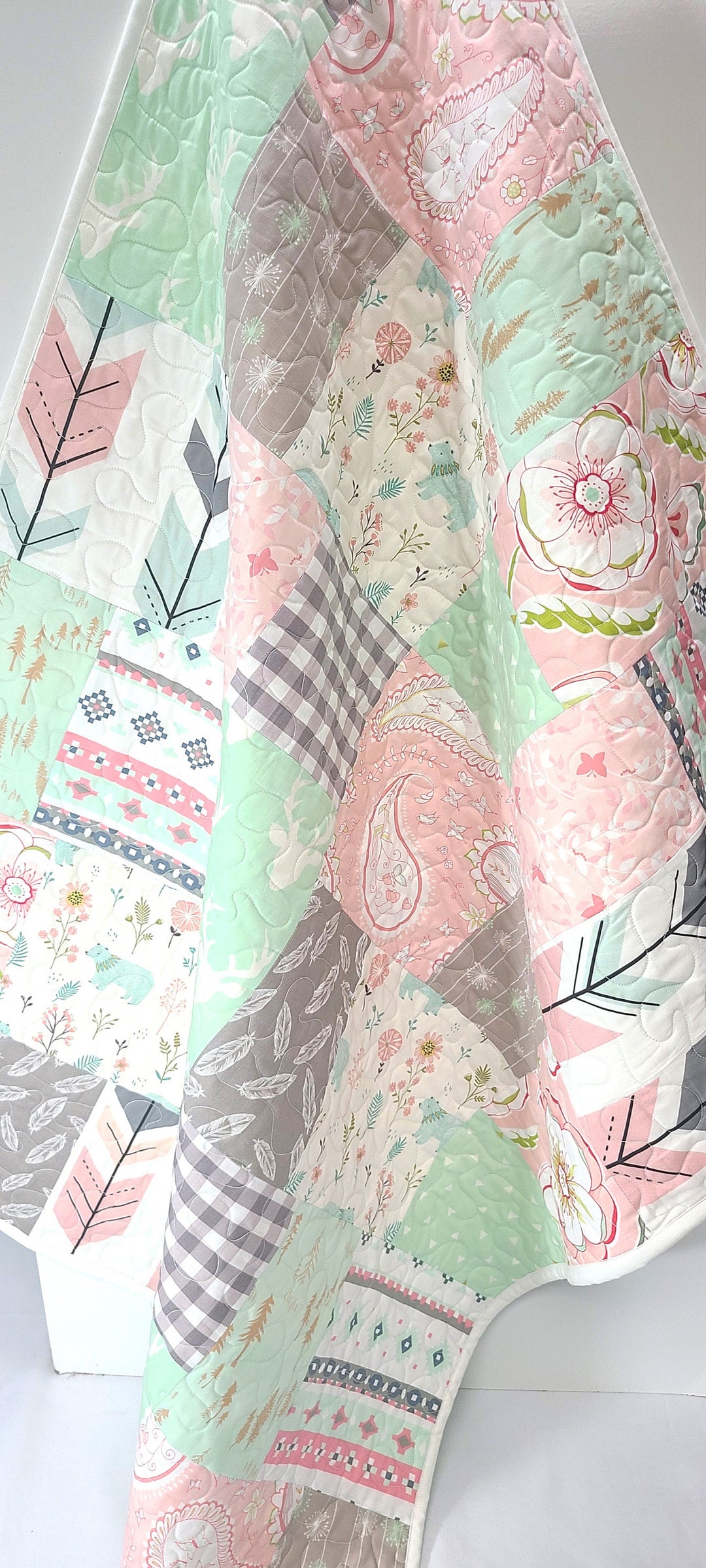 Quilts, Baby Girl, Toddler, Modern Woodland, Pink, Mint Green, Gray ...