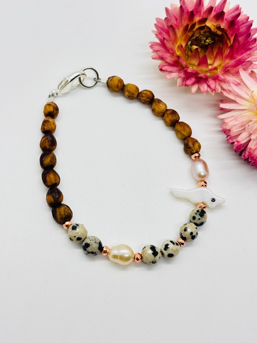 7.75 Pink Pearl Birds Juniper Berry Seed Bracelet - Etsy