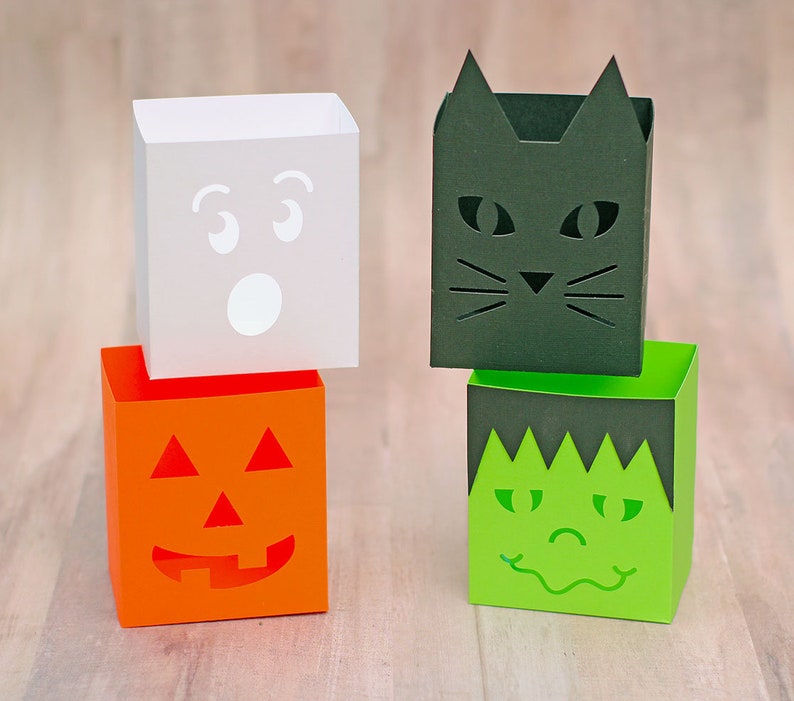 3D Halloween Treat Holder SVG Files: Set of 4 With Jack-o-lantern, Cat ...
