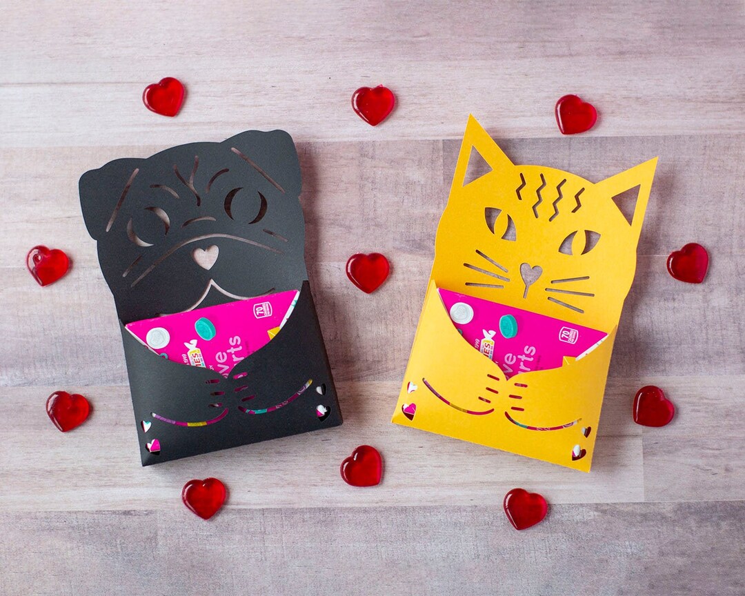 Bundle of 2 SVG Files: Cute Cat and Pug Candy Holder Valentine Pocket ...